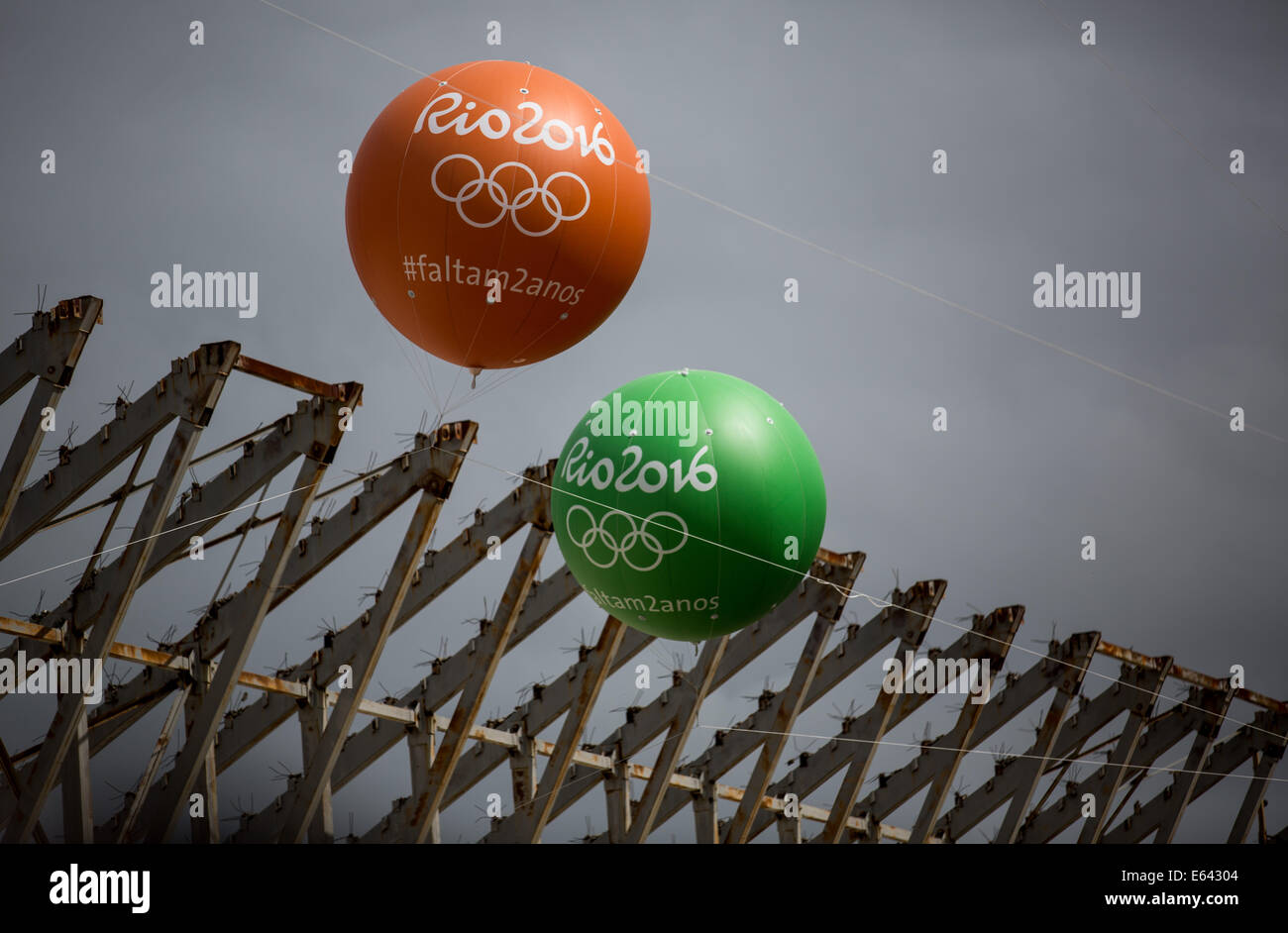 Large balloons, featuring the writing 'Rio 2016', hover above the ...