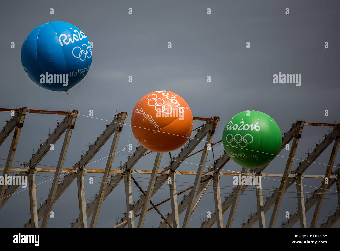 Large balloons, featuring the writing 'Rio 2016', hover above the ...
