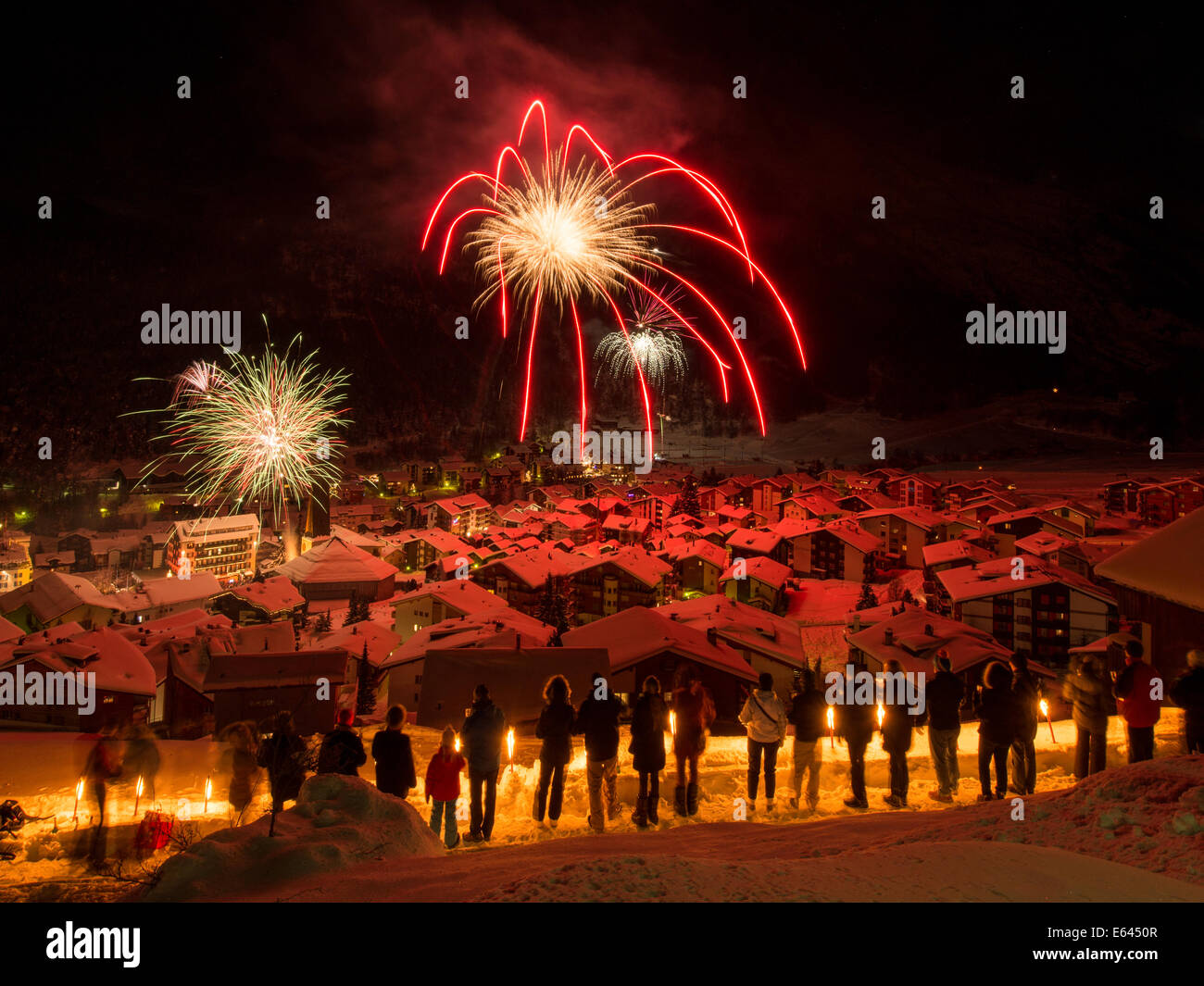 New Year celebrated in Saas-Fee, Swiss Alps, with a large display of ...