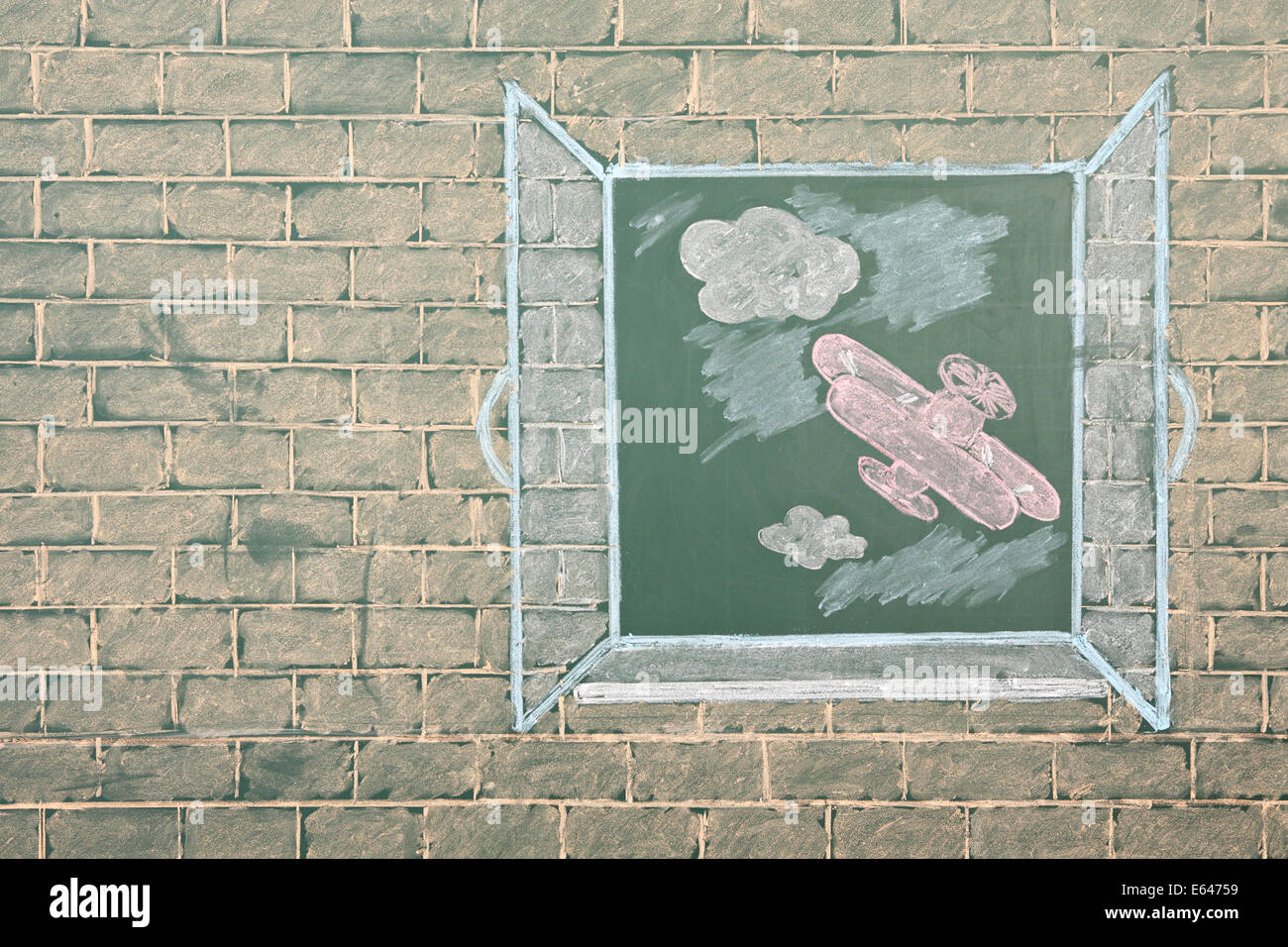 Chalk drawing of airplane in open window Stock Photo - Alamy