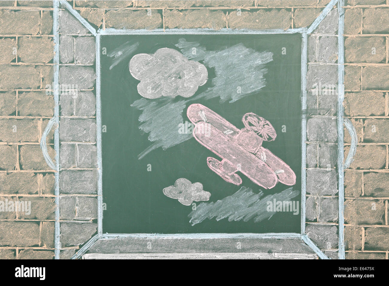 Chalk drawing of airplane in open window Stock Photo - Alamy