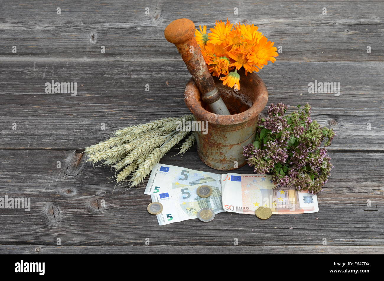 ancient rusty iron mortar and various medical herbs with euro money on ...