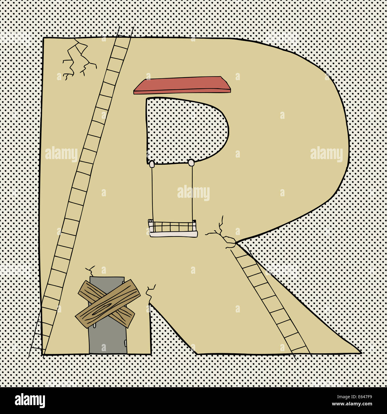Hand drawn cartoon of letter R as damaged building Stock Photo - Alamy