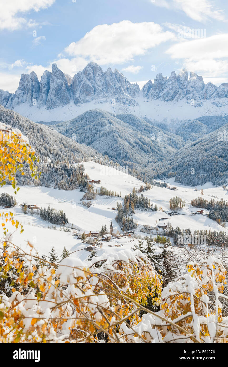 Winter snow St. Magdalena village Geisler Spitzen (3060m) Val di Funes ...