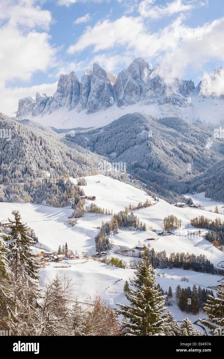 Winter snow St. Magdalena village Geisler Spitzen (3060m) Val di Funes ...