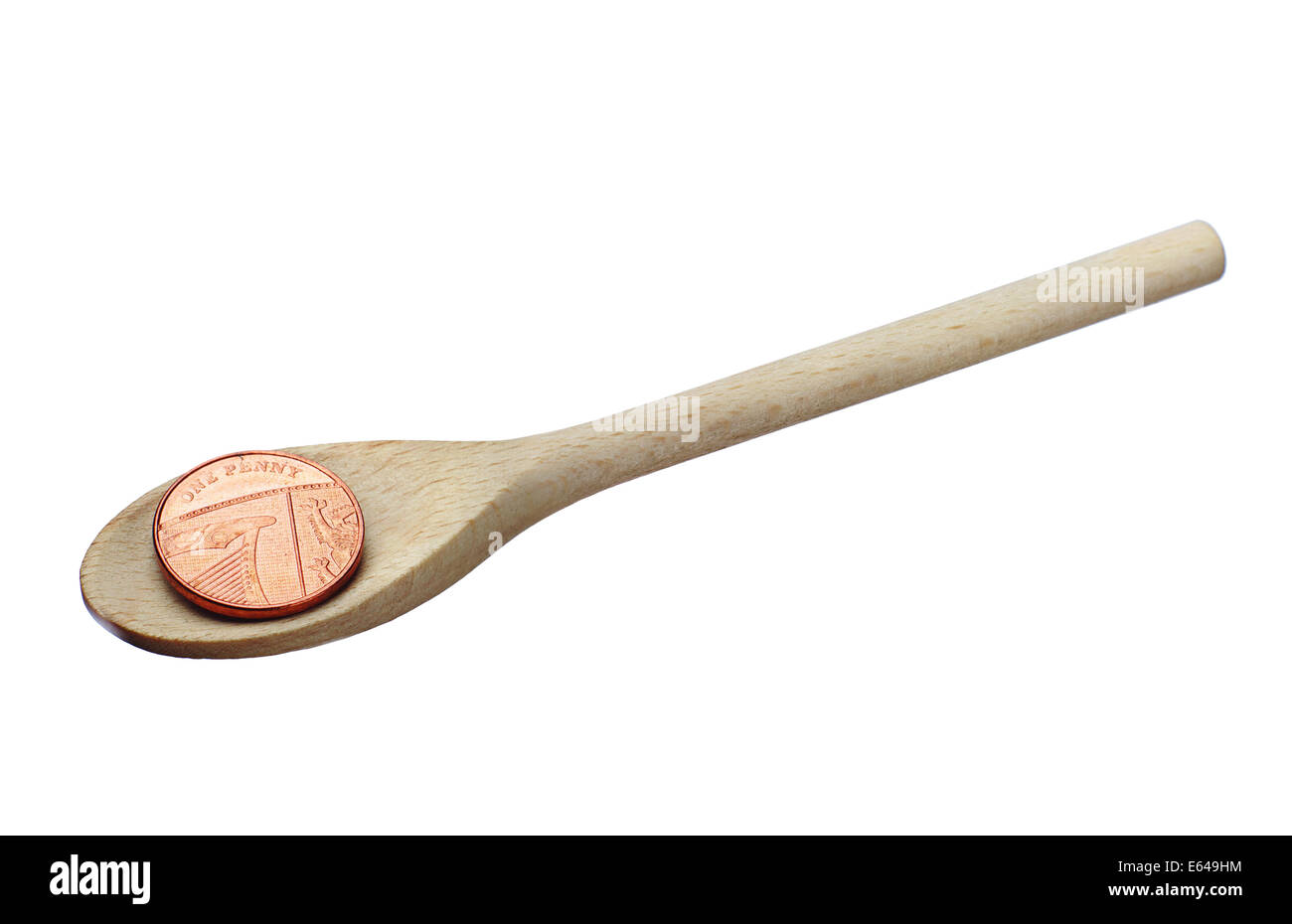 One penny on the wooden spoon isolated on white Stock Photo - Alamy