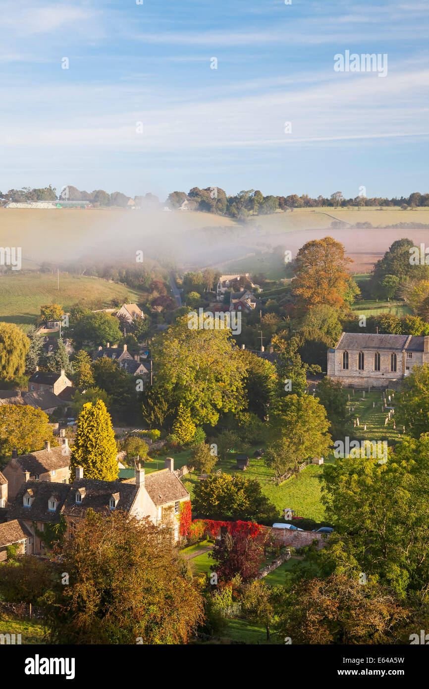 Naunton village and morning mist, Naunton, Gloucestershire, Cotswolds ...