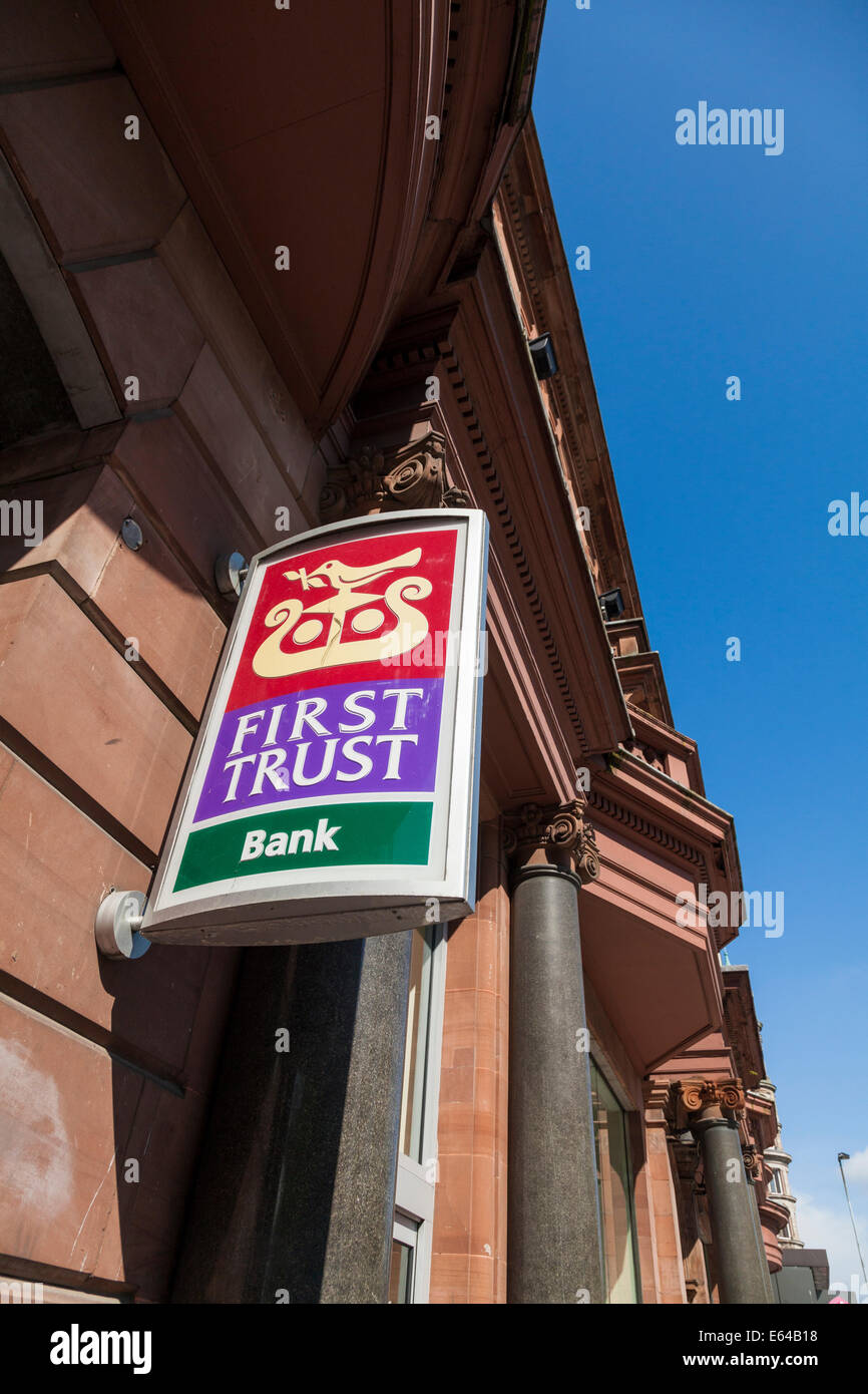 First Trust Bank sign, Belfast, Northern Ireland. Sign is scuffed or ...