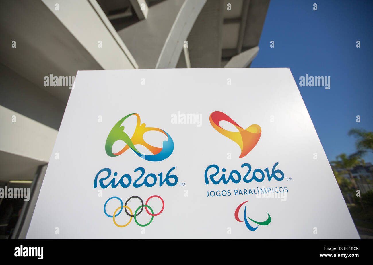 Rio de Janeiro, Brazil. 7th Aug, 2014. A sign featuring the logos for ...