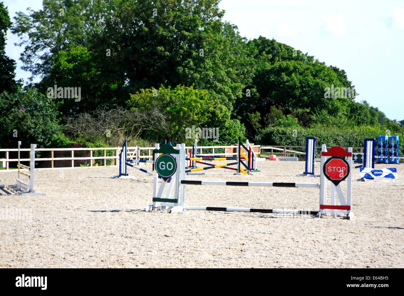 A view of fences in a small show jumping arena in the Norfolk ...