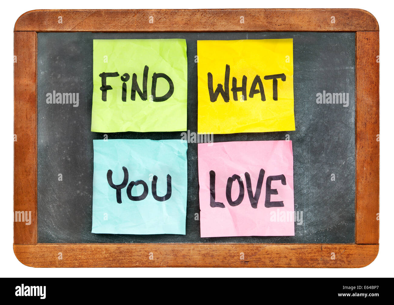 find what you love advice - sticky notes on isolated vintage blackboard ...