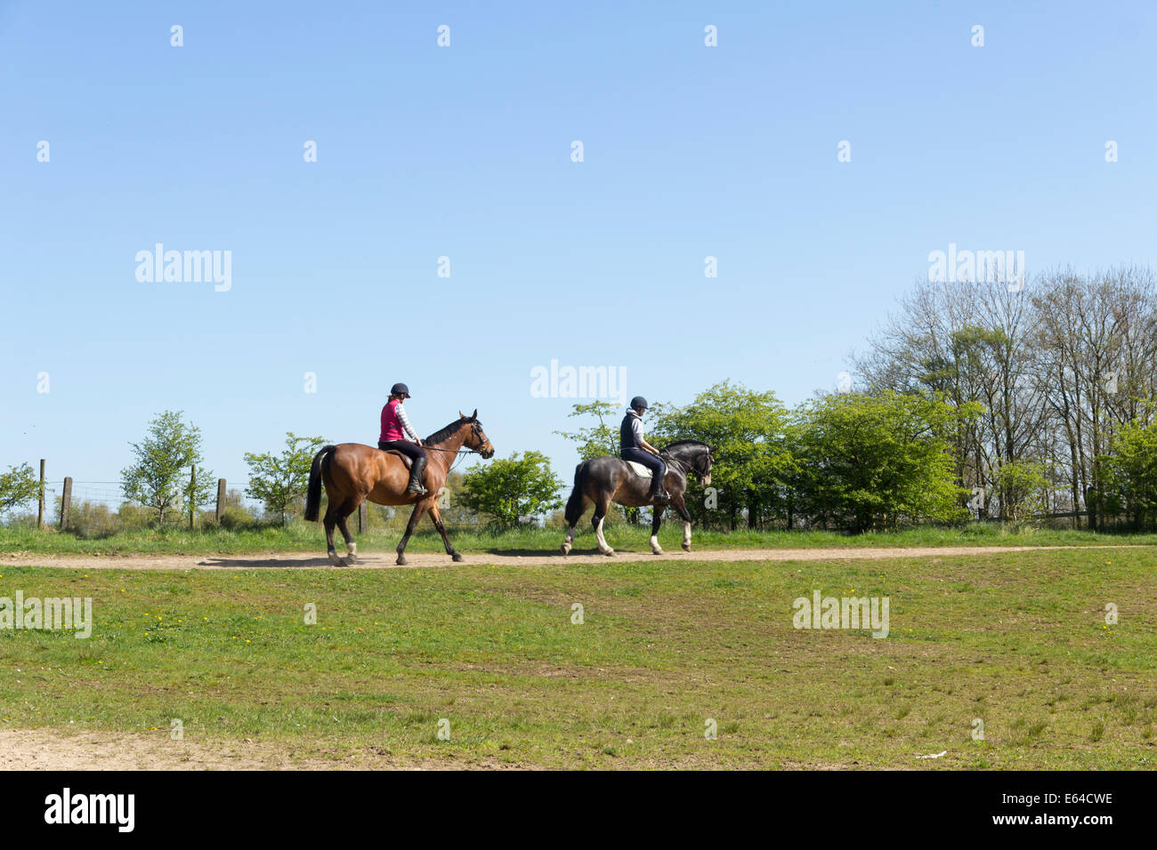 Two young horse riders, women riding horses in a quiet part of Moses ...
