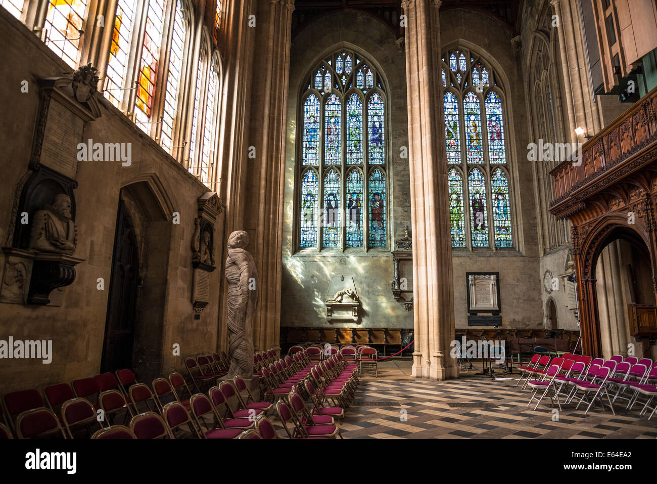 Ante Chapel with medieval stained glass and Jacob Epstein's statue of ...