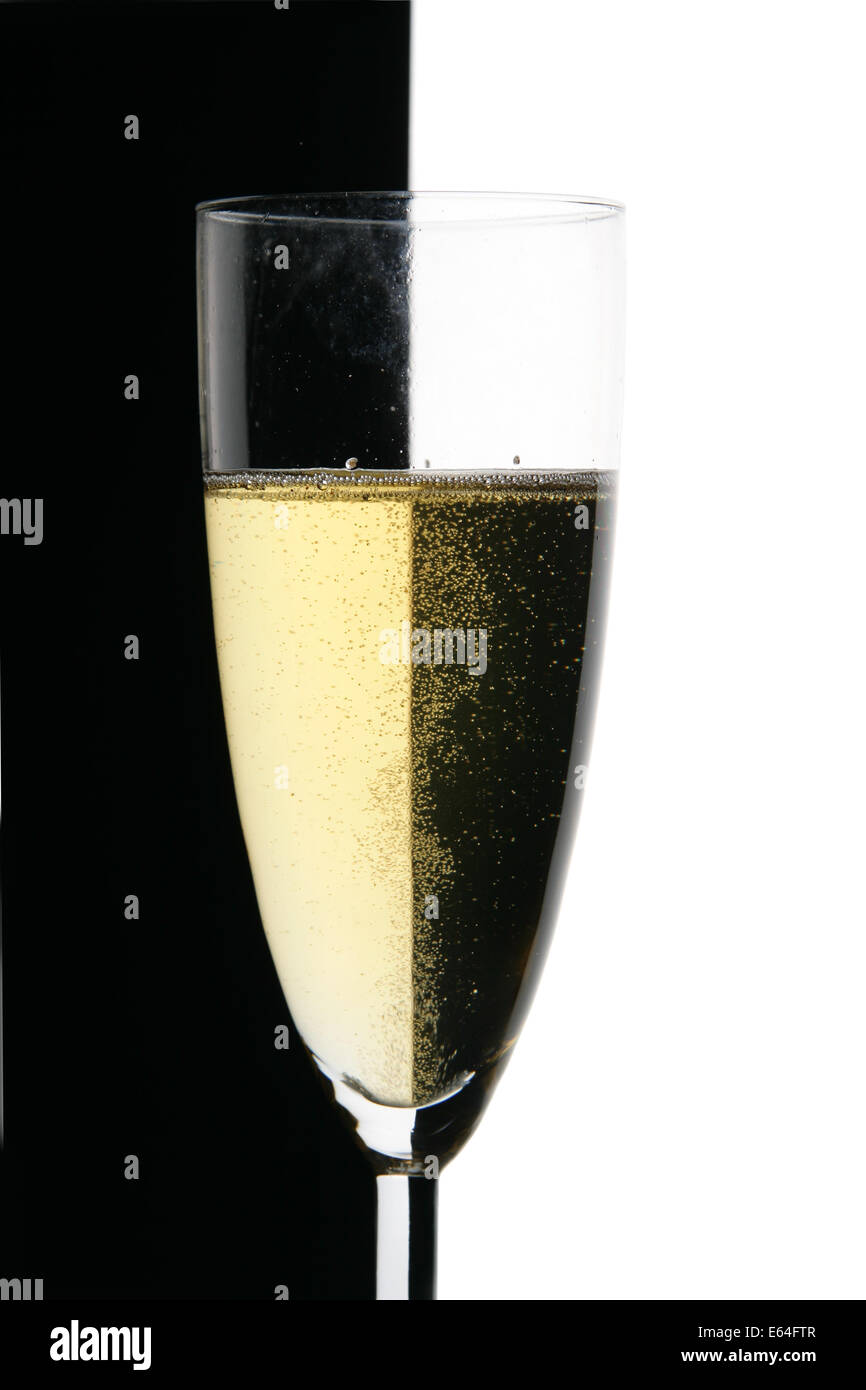 Single glass of champagne close-up overblack and white background Stock ...