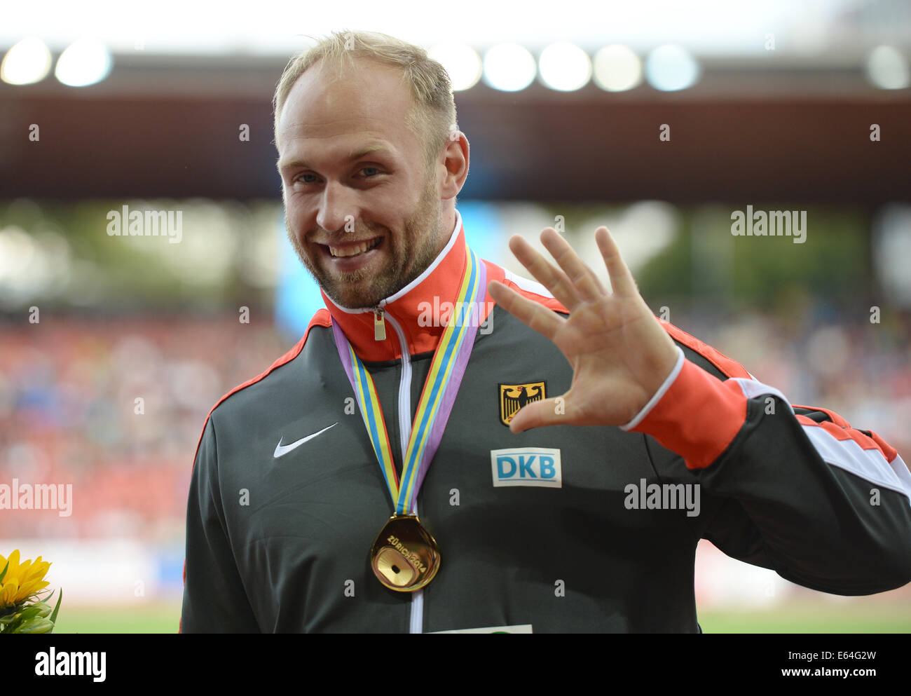Zurich, Switzerland. 14th Aug, 2014. Discus throw winner Robert Harting ...