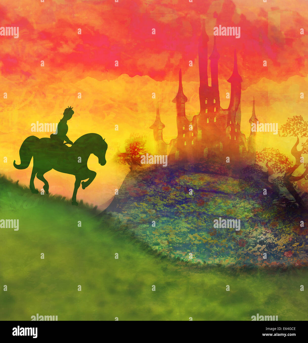 Prince riding a horse to the castle Stock Photo - Alamy