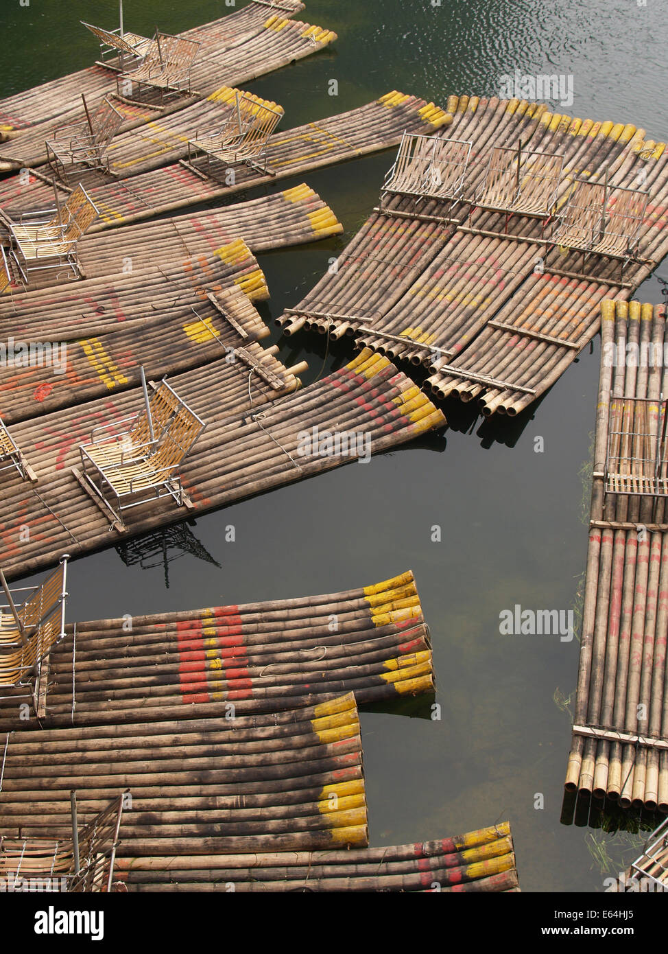 Bamboo rafts randomly moored on the Li River Guilin China Stock Photo ...