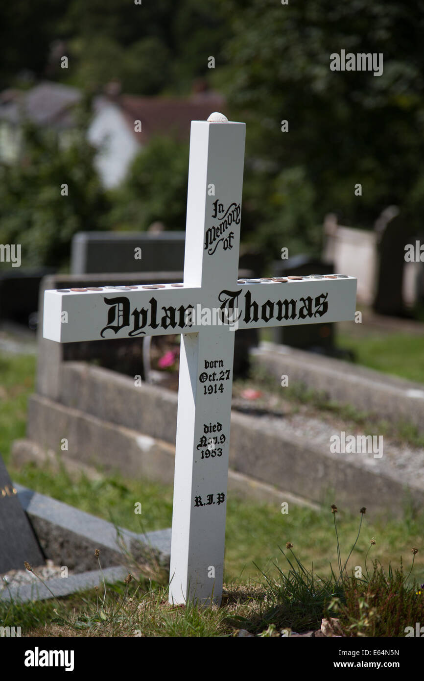 The name of Dylan Thomas inscribed on a white cross which marks his ...