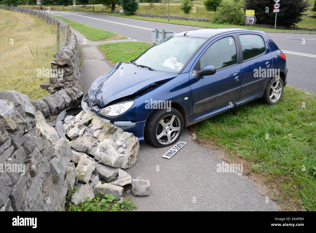 Car crash into wall, Derbyshire, England Stock Photo - Alamy