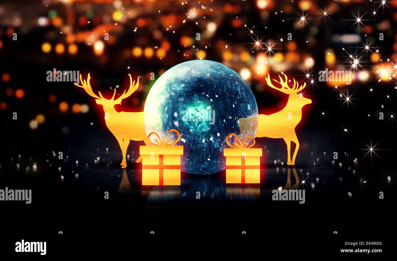 Blue Crystal Bauble Gold Christmas Deer Gift 3D bokeh background Stock ...