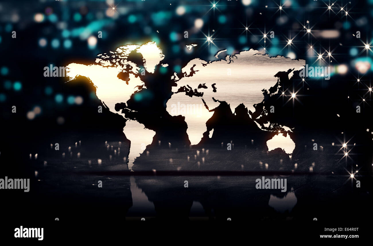 World Map Silver City Light Shine Bokeh 3D Background Stock Photo - Alamy