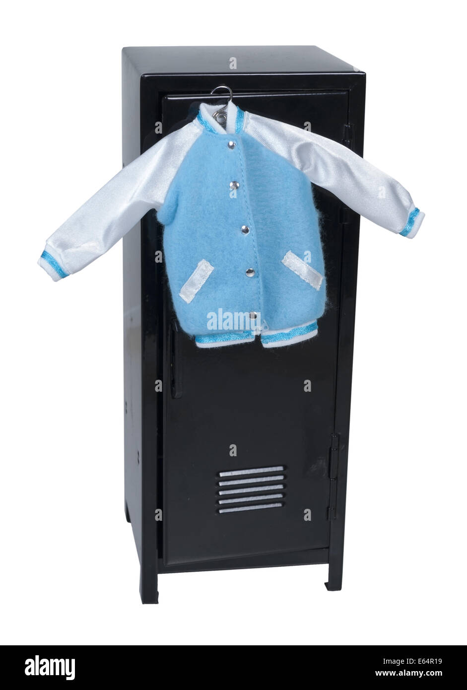 Letterman Jacket hanging on a black school locker - path included Stock ...