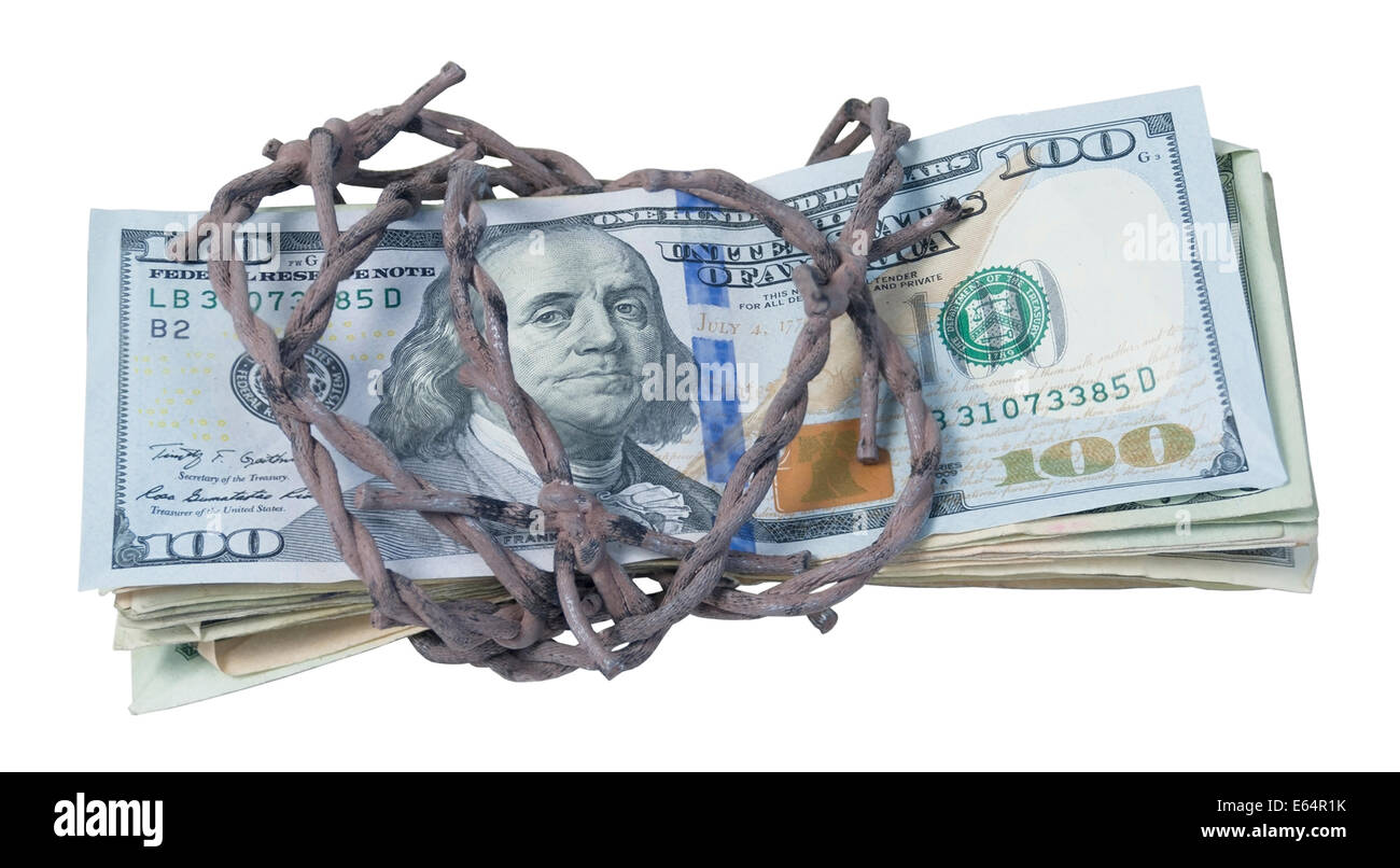 Money wrapped in Sharp barbed wired - path included Stock Photo - Alamy