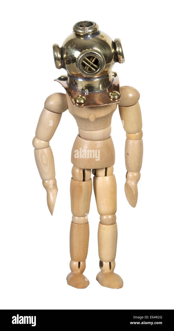 Wearing a large deep sea diving helmet and getting ready for a dive ...