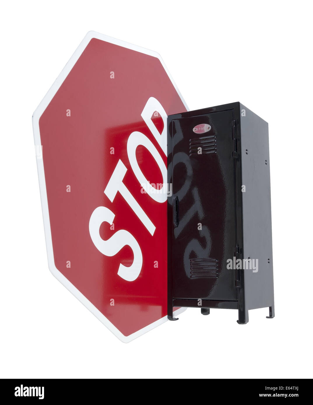 Stop Sign next to a black metal locker - path included Stock Photo - Alamy