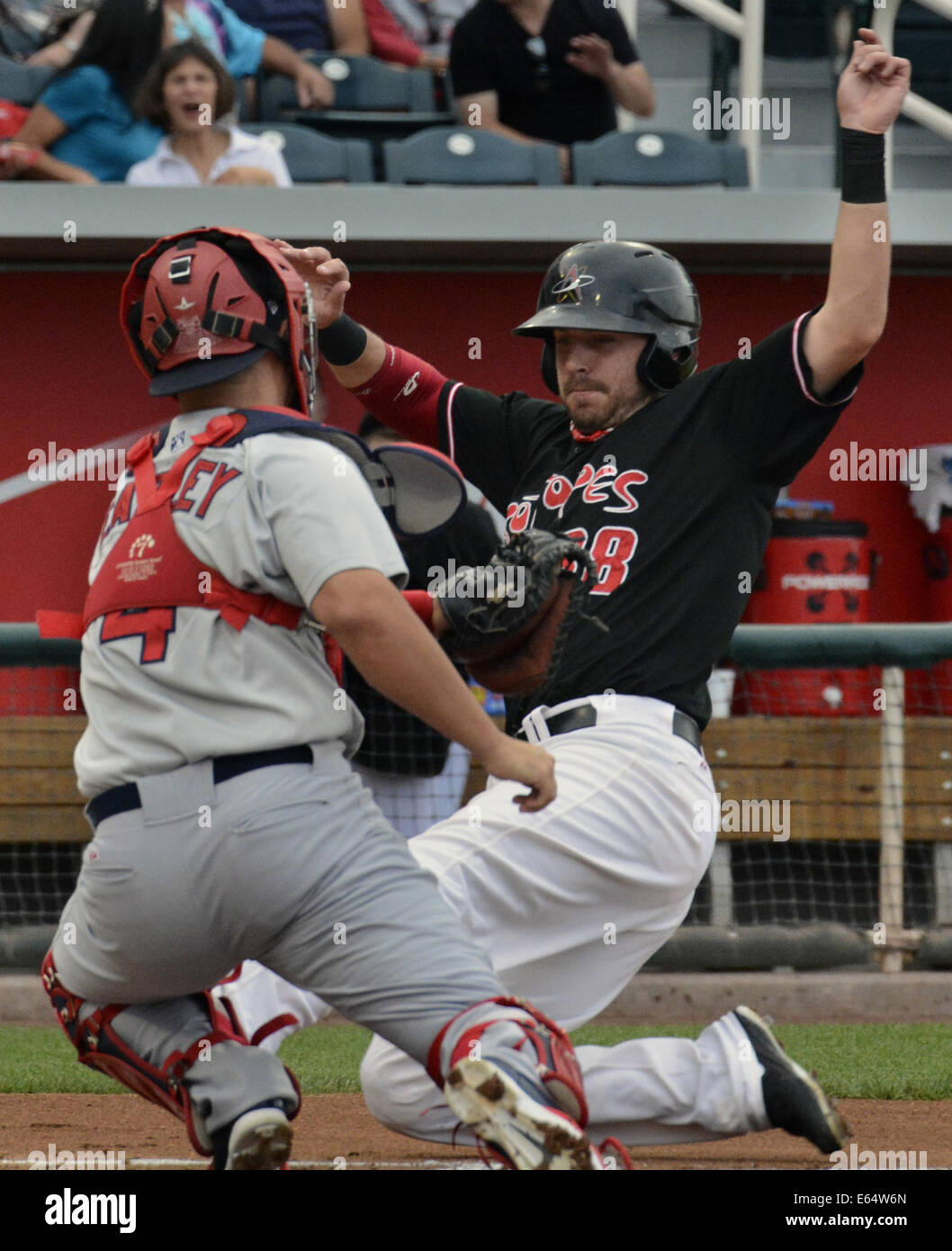 Usa. 14th Aug, 2014. SPORTS-- The Isotopes' Brock Peterson, right, is ...