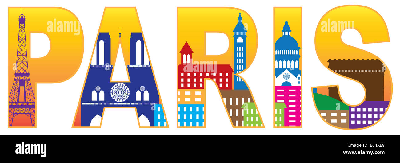 Paris France City Skyline Text Outline Silhouette Color with Reflection ...