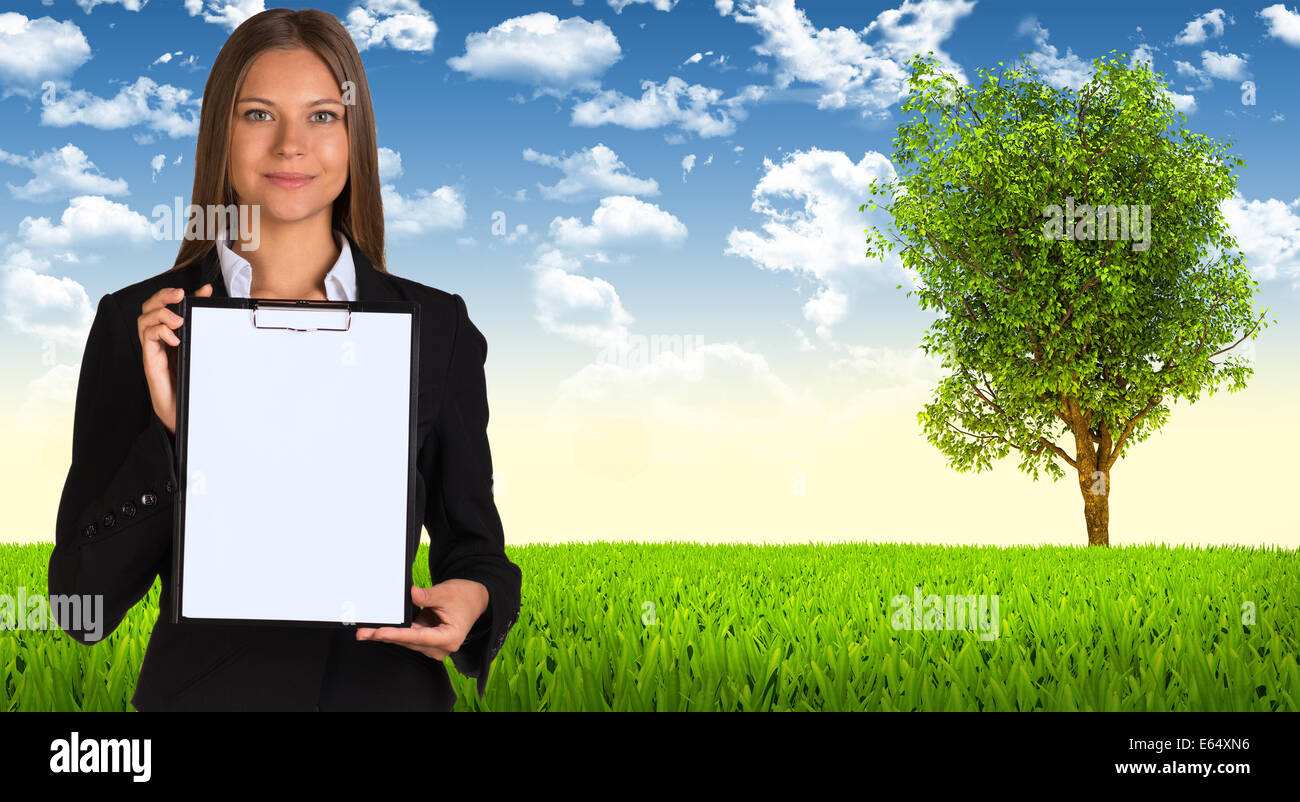 Businesswoman hold paper holder Stock Photo - Alamy