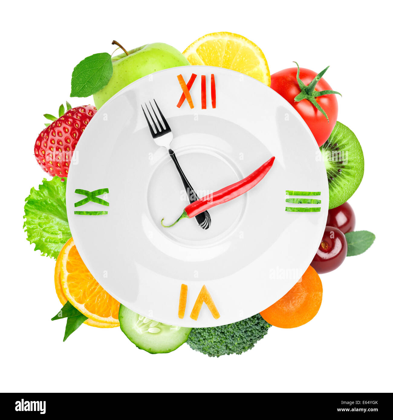 Healthy food concept. Fruits and vegetables. Food clock on white ...