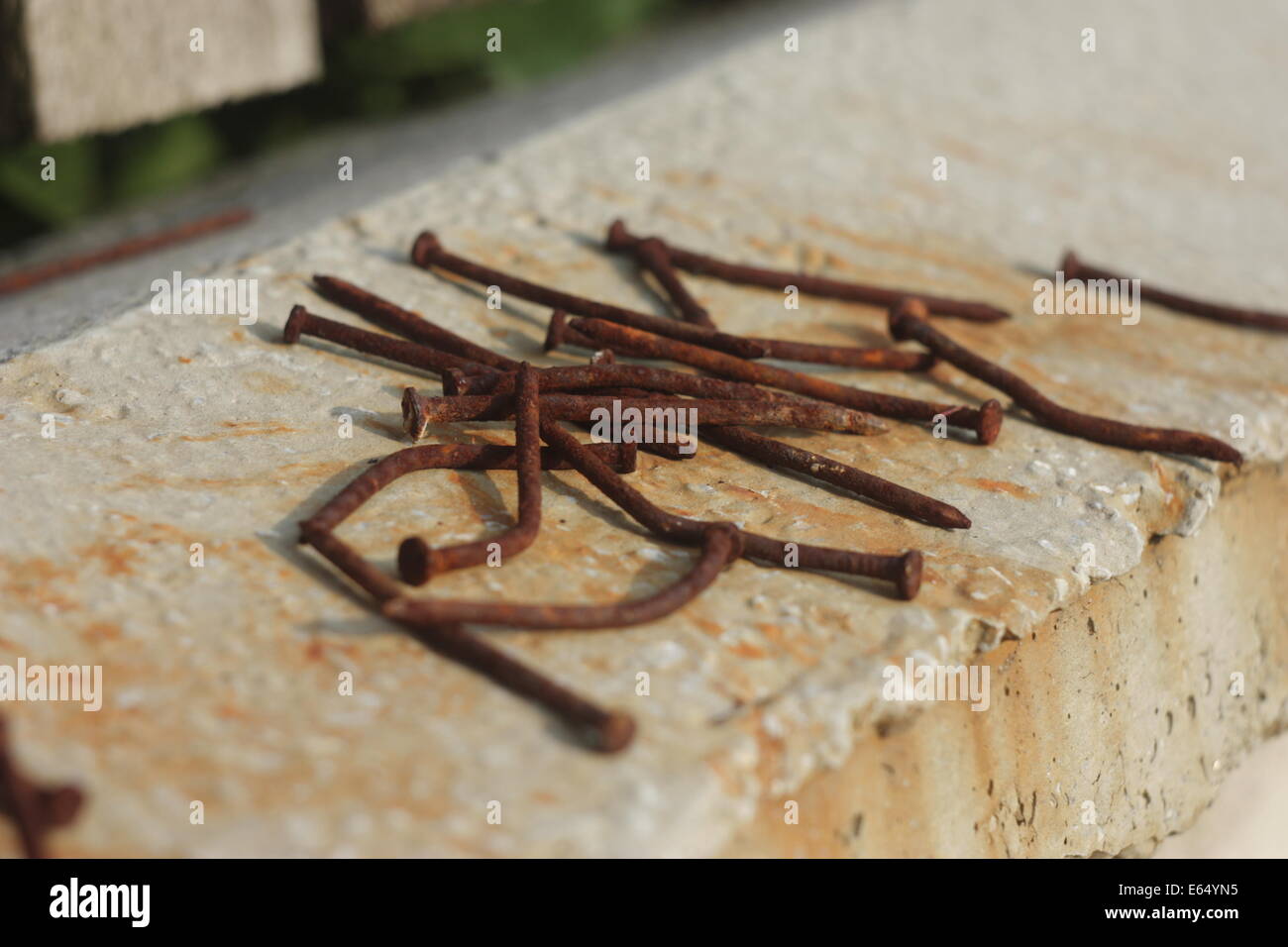 Rusted nails placed on a dappled concrete wall Stock Photo - Alamy