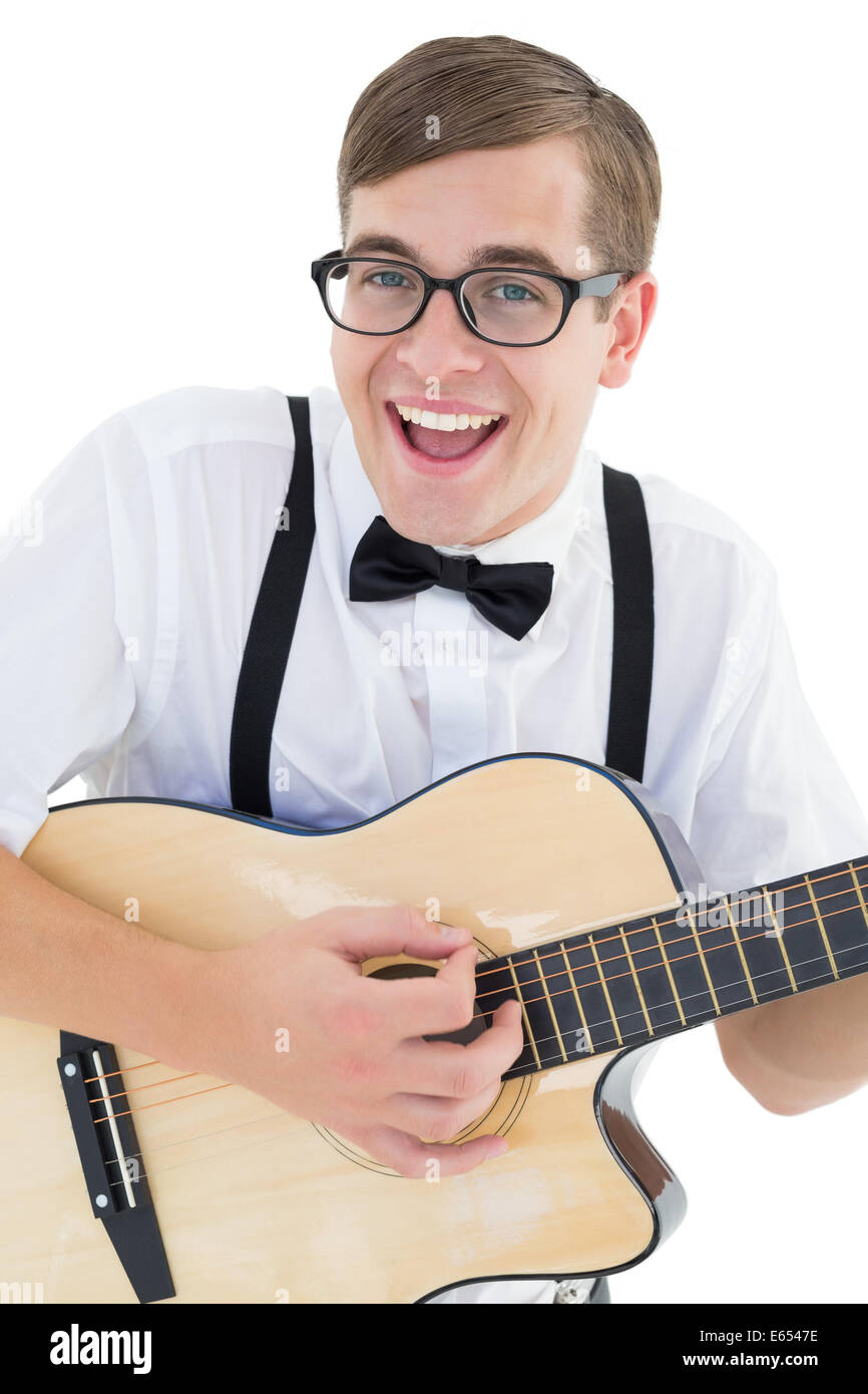 Nerdy hipster playing the guitar Stock Photo - Alamy