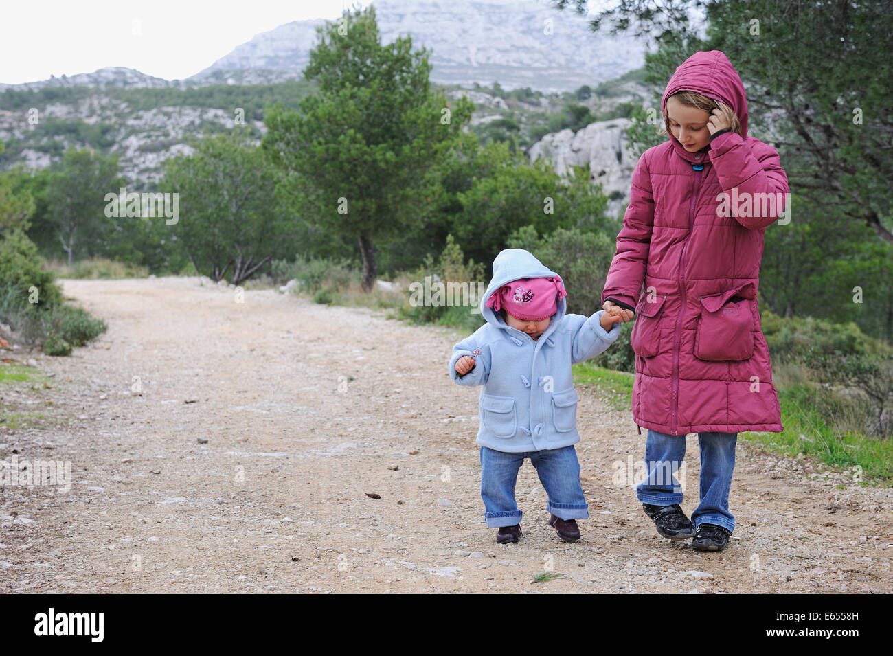 Young child holding hand of a toddler on walk on a forest path Stock ...