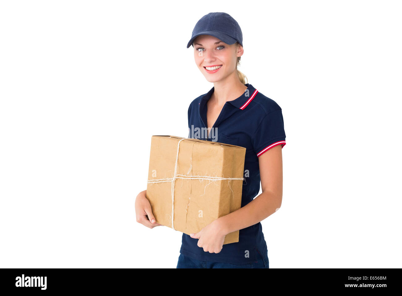 Happy delivery woman holding cardboard box Stock Photo - Alamy