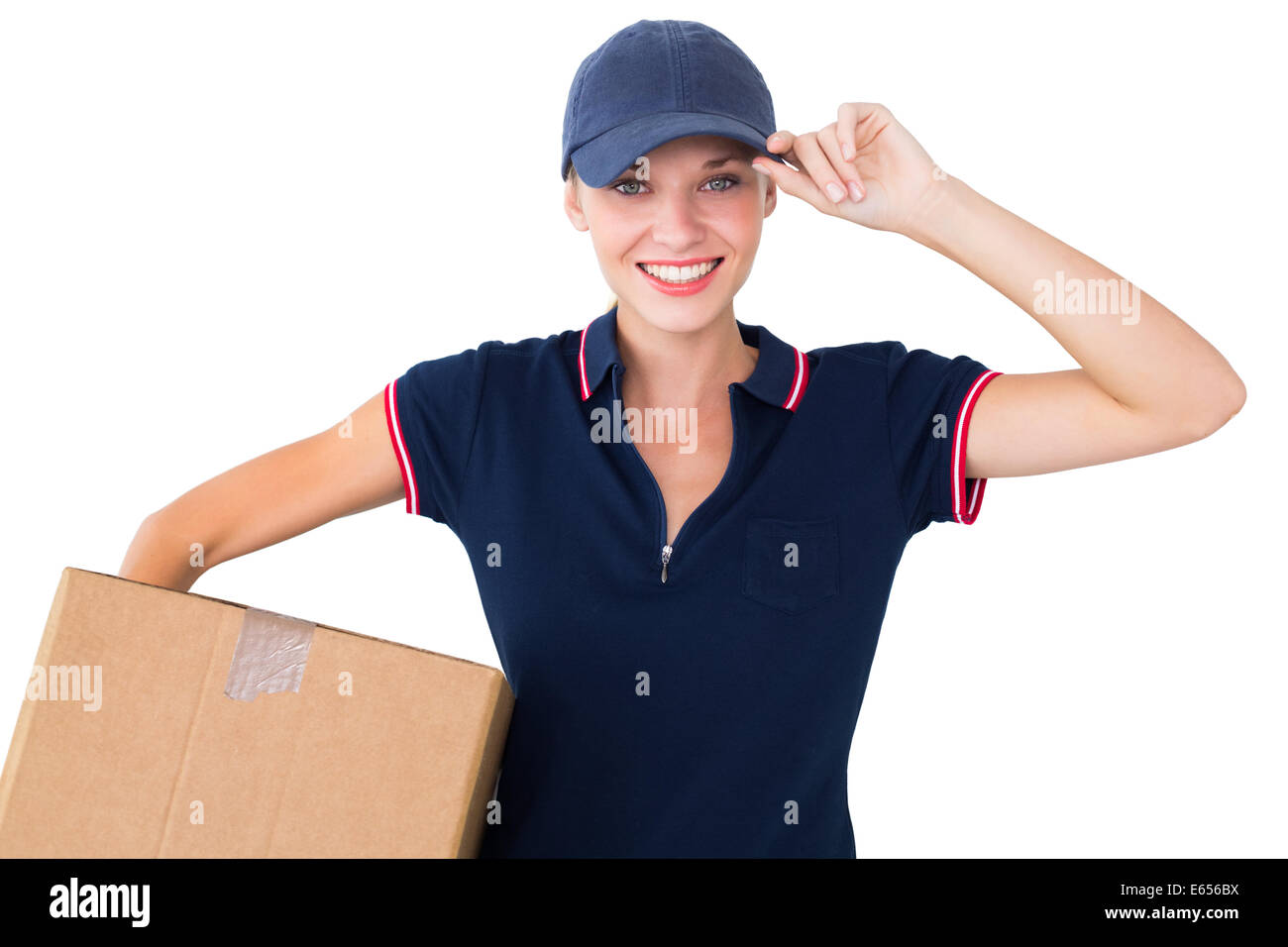 Happy delivery woman holding cardboard box Stock Photo - Alamy