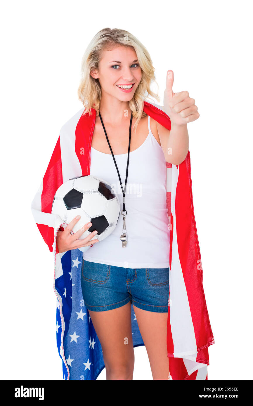 Pretty blonde football fan wearing usa flag showing thumbs up Stock ...