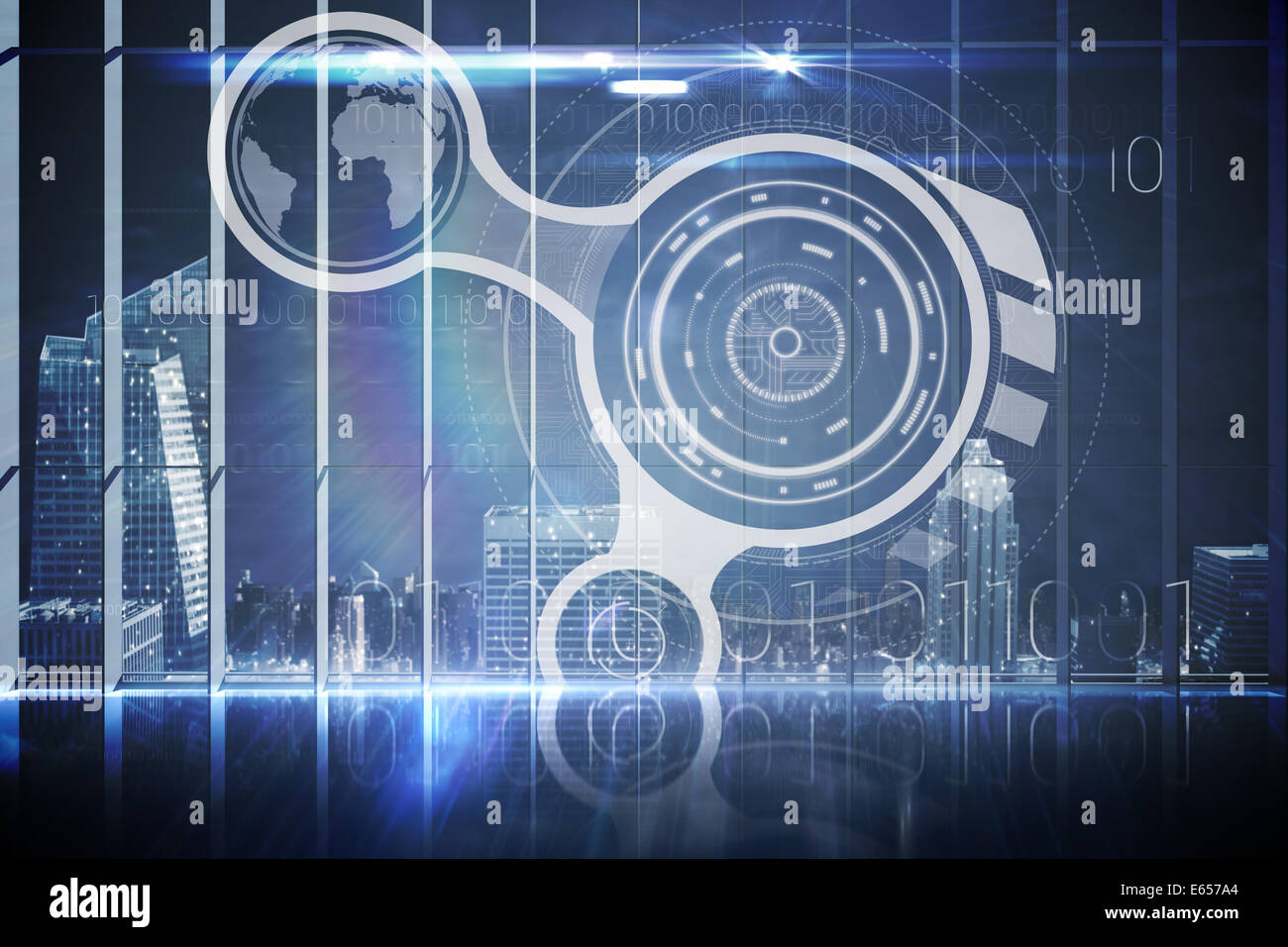 Hologram interface in office overlooking city Stock Photo - Alamy