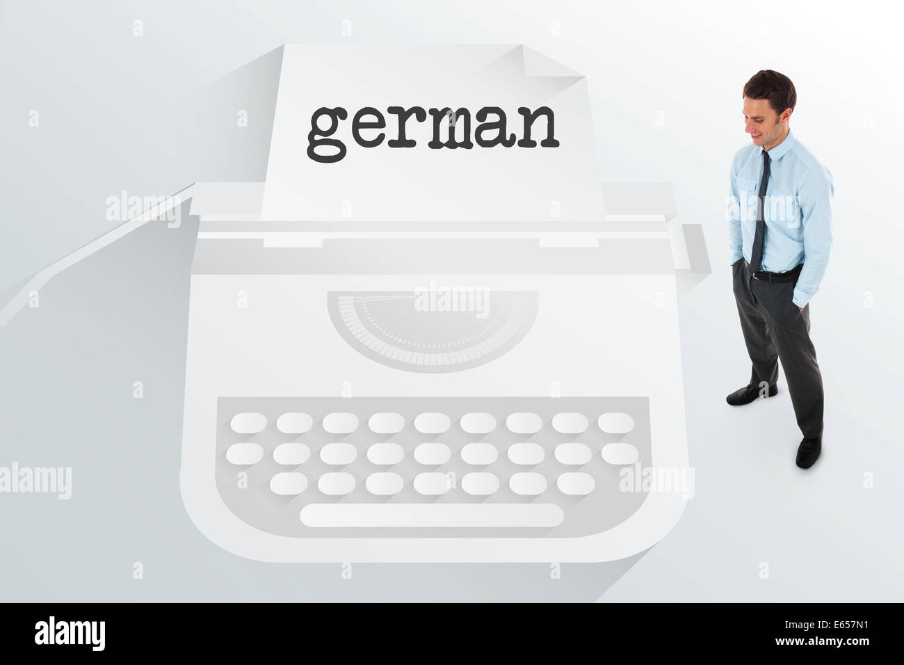 The word german and happy businessman standing with hands in pockets ...