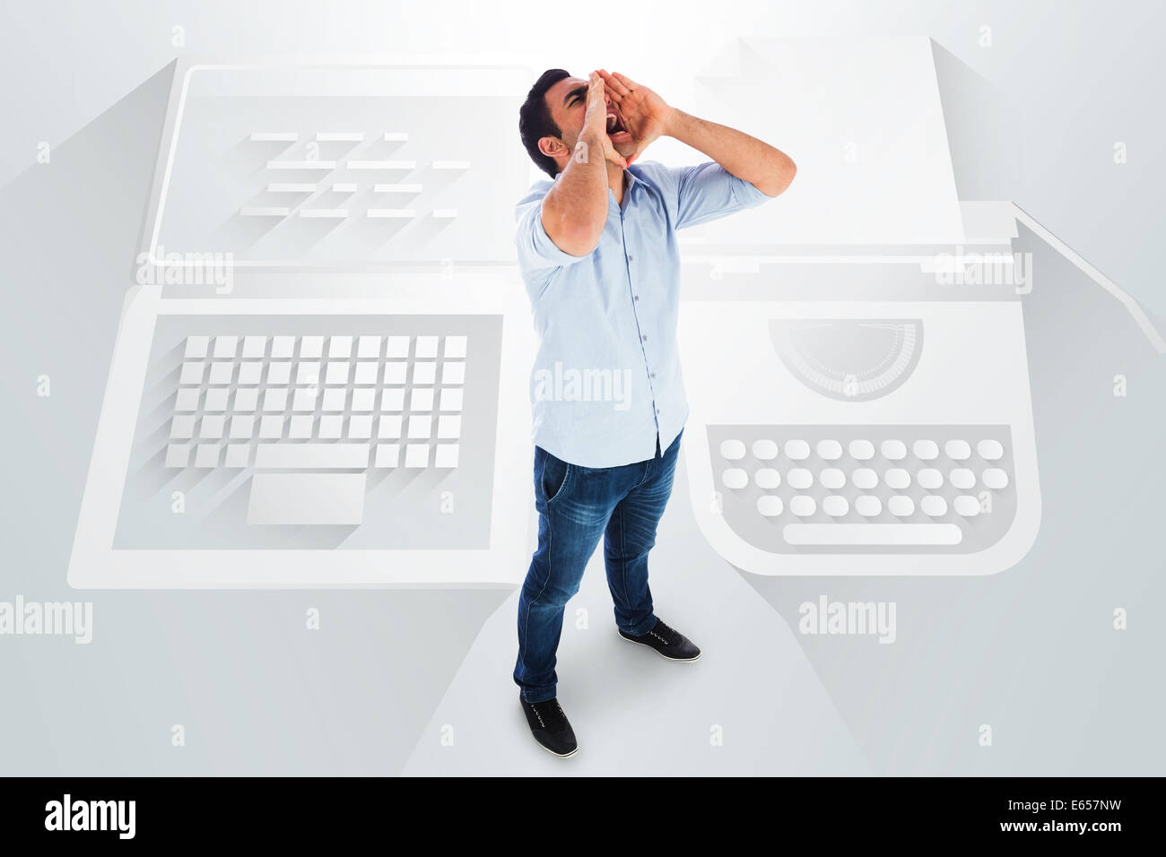 Shouting casual man standing Stock Photo - Alamy