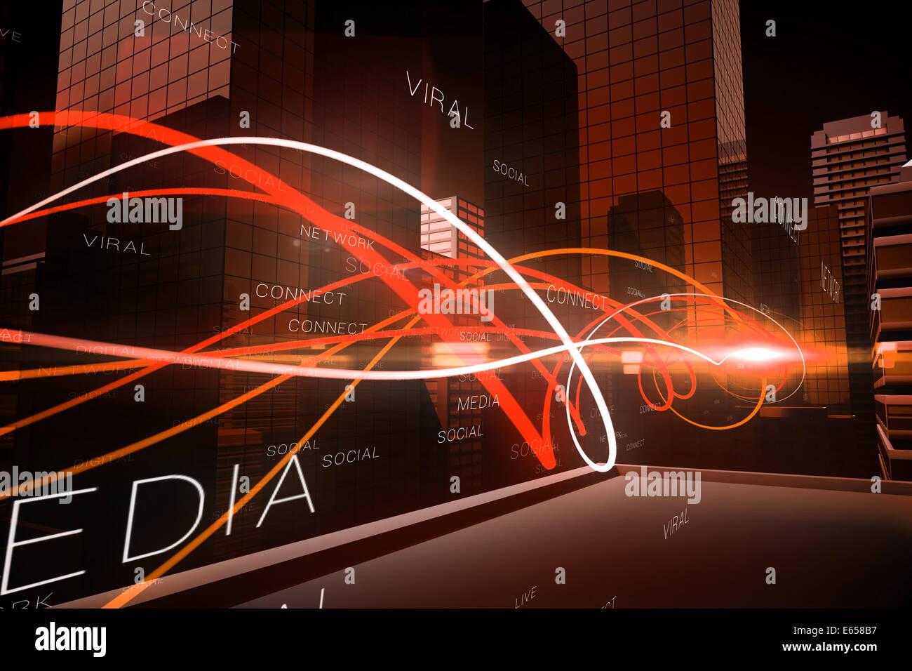 Orange light wave over skyscrapers Stock Photo - Alamy