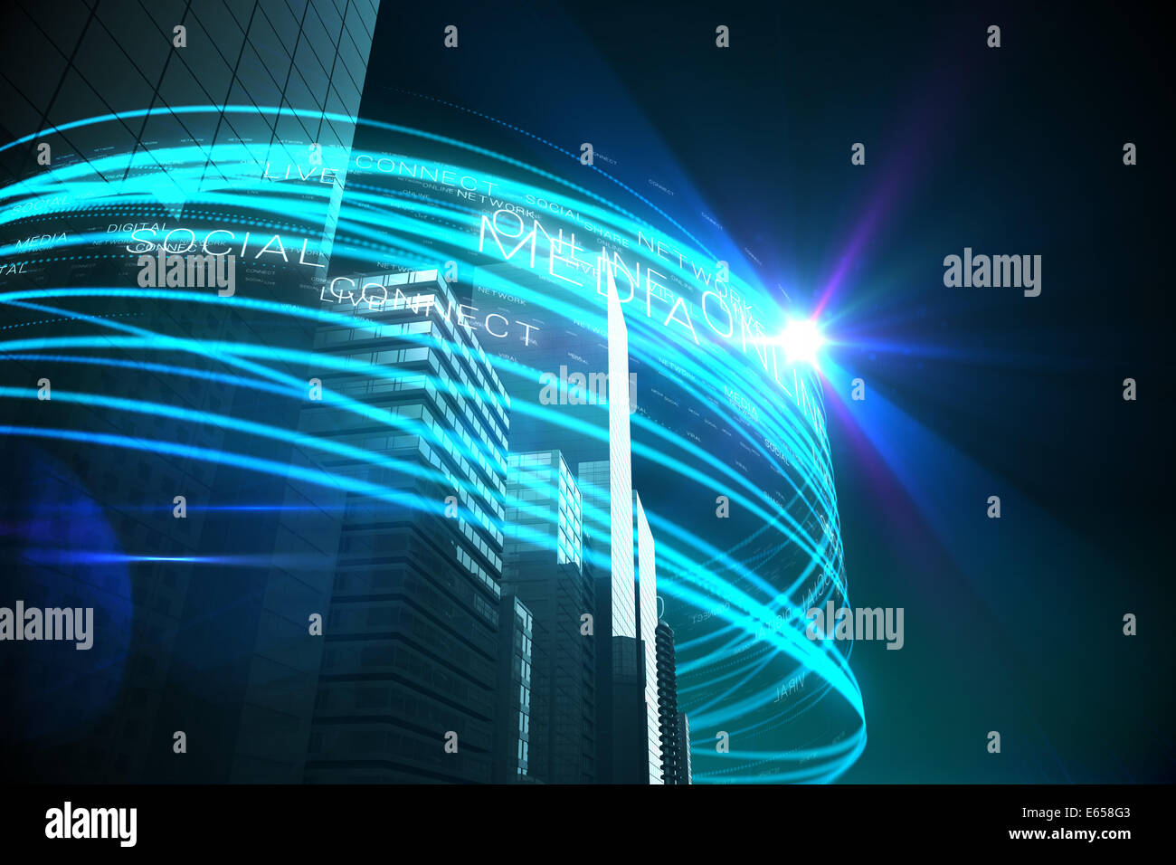 Blue light beams over skyscrapers Stock Photo - Alamy