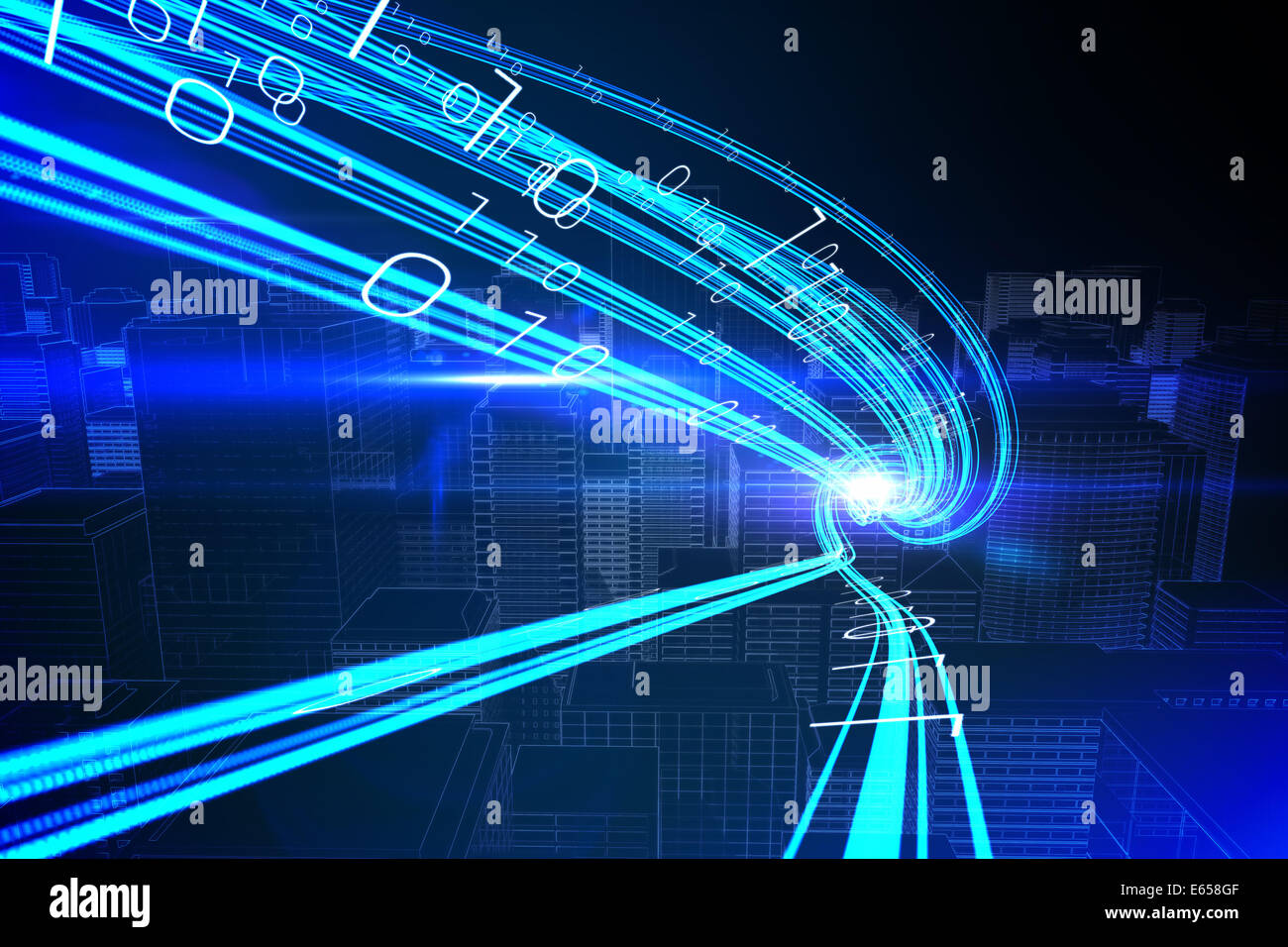 Blue light beams over skyscrapers Stock Photo - Alamy