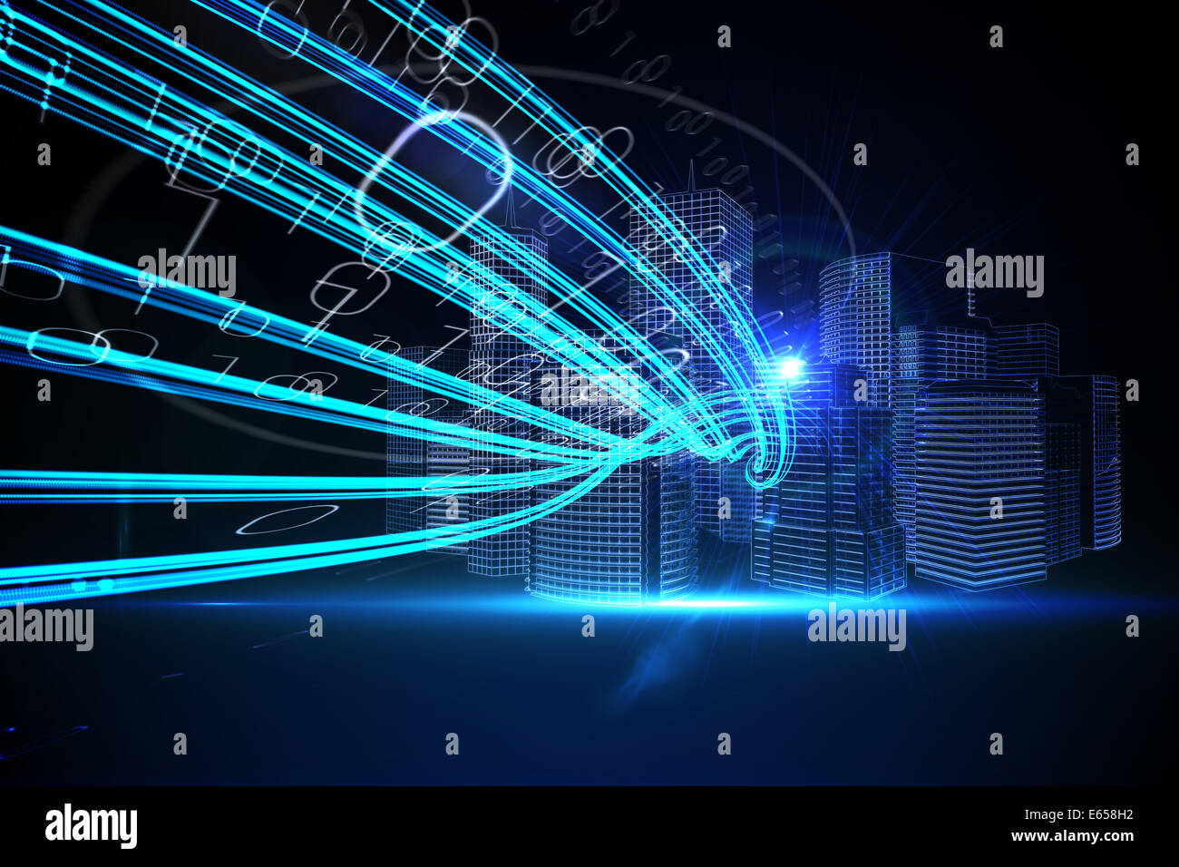 Blue light beams over skyscrapers Stock Photo - Alamy