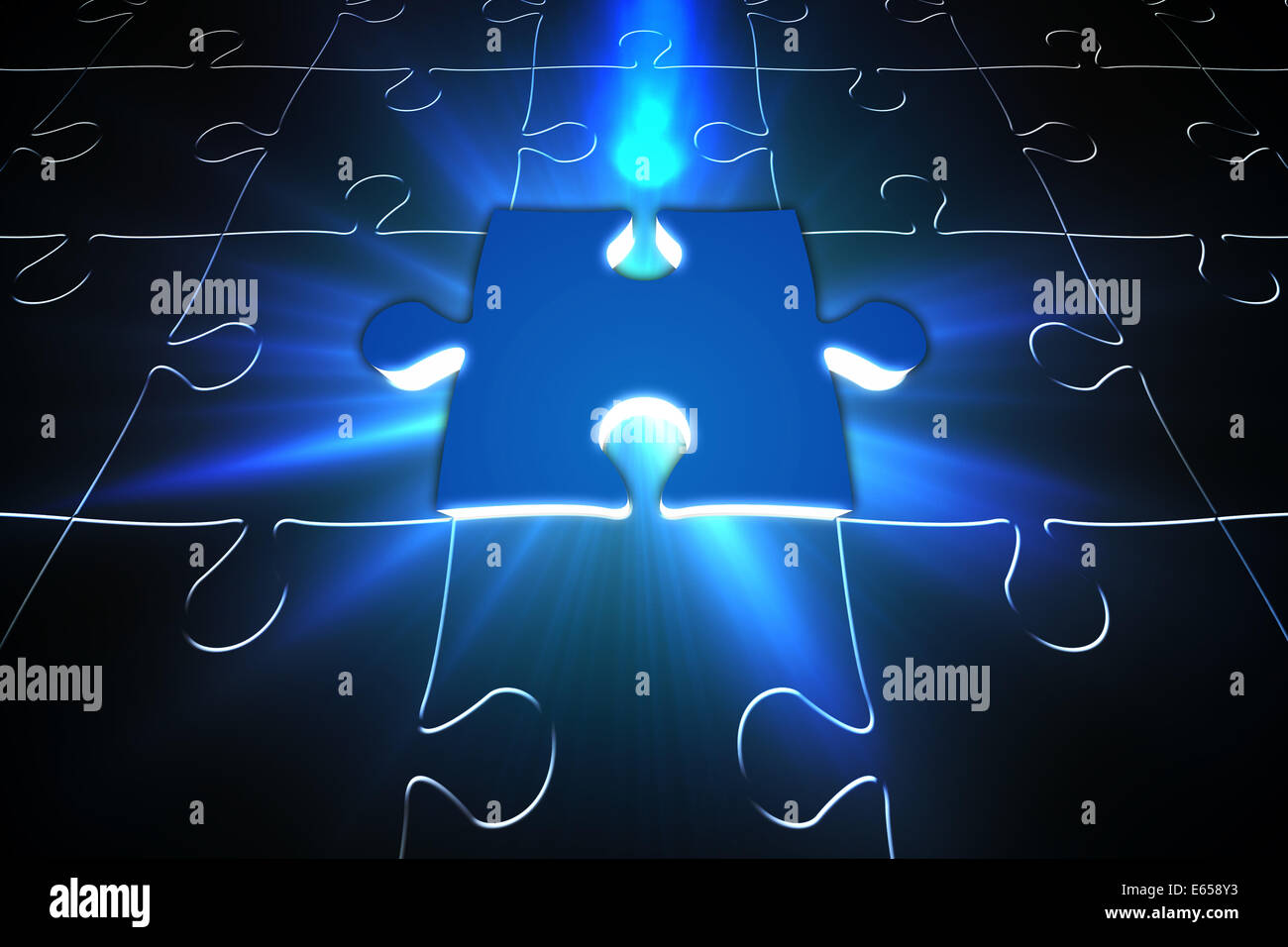 Blue glowing jigsaw piece on puzzle Stock Photo - Alamy