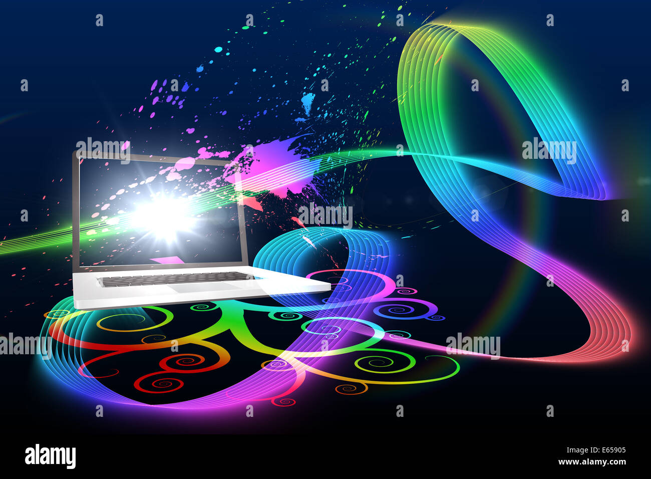 Laptop with colourful spiral design Stock Photo - Alamy