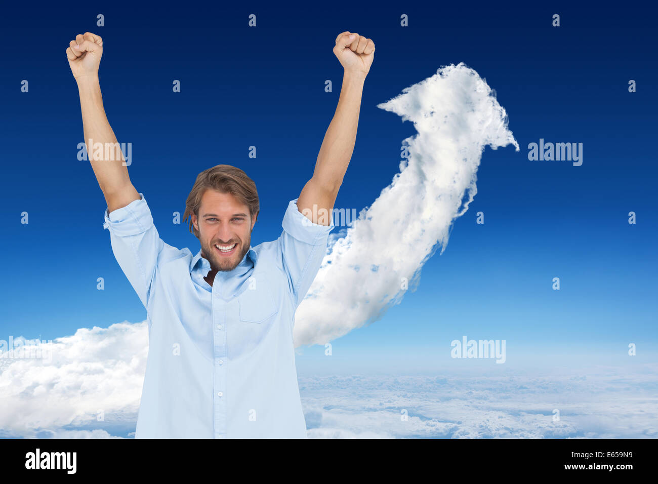 Composite image of happy man celebrating success with arms up Stock ...