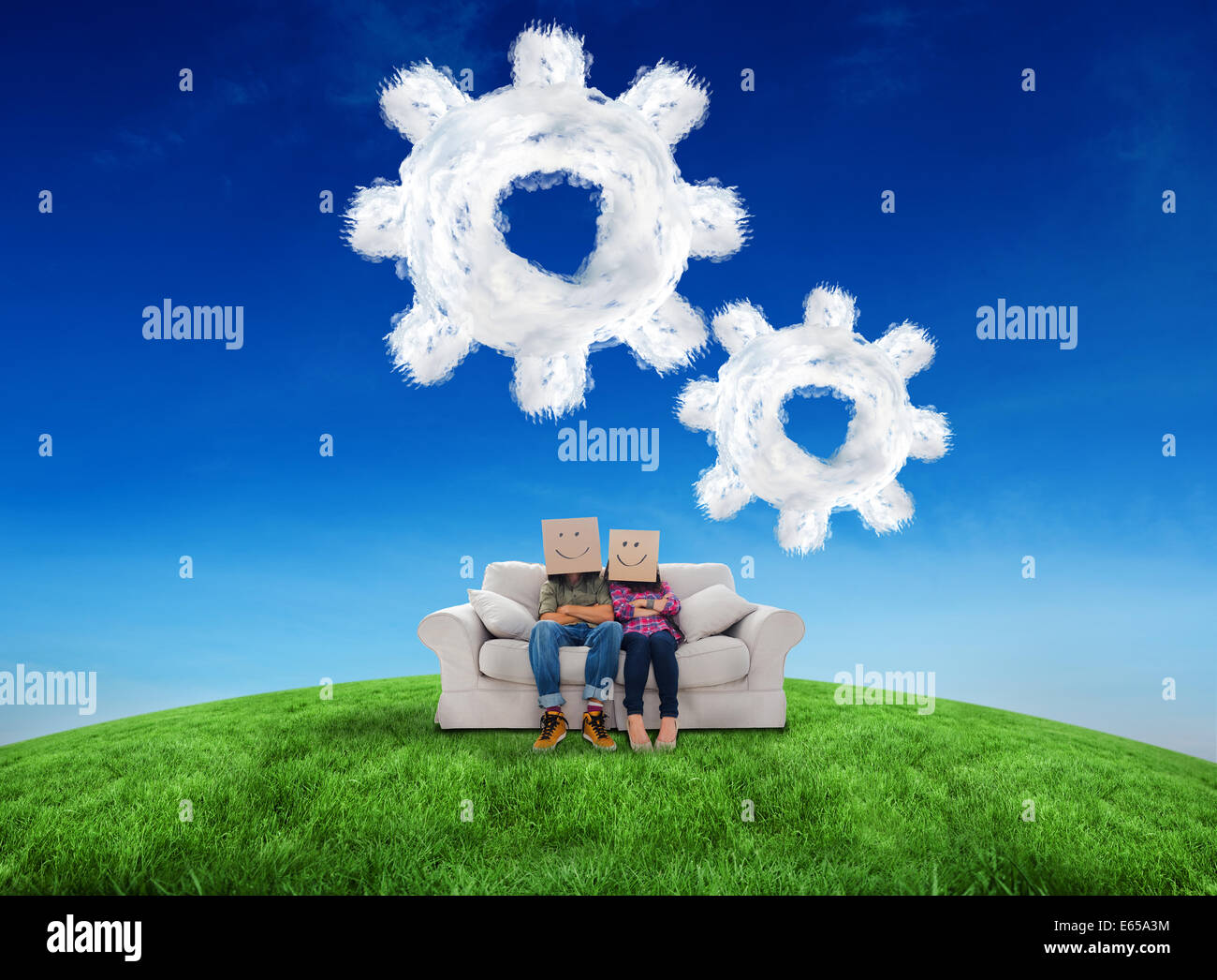 Composite image of silly employees wearing boxes on their heads Stock ...